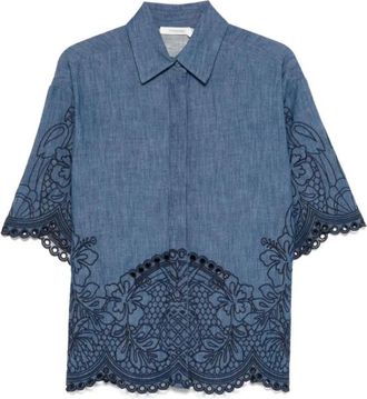 Zimmermann Femme, Blouses et Chemises, Bleu, Taille: 42 FR Coco Embroidered Denim Shirt