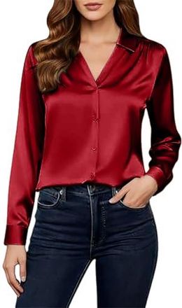 Generic Chemisier &agrave; manches longues pour le travail grande taille - Chemisiers en satin pour femme - Chemise habill&eacute;e &eacute;l&eacute;gante &agrave; boutons - Col en V - Col en V