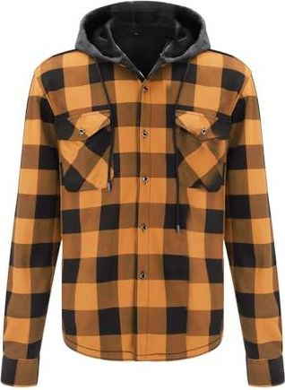 Generic Sweat &agrave; capuche &agrave; carreaux &agrave; manches longues pour homme | Chemises d&eacute;contract&eacute;es pour homme avec poche boutonn&eacute;e - Chemise &agrave; carreaux pour homme - Ves