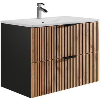 Vente-Unique Vente-Unique - Meuble de salle de bain suspendu avec vasque &agrave; encastrer - Naturel clair et noir - 80 cm - 2 tiroirs soft close - Mdf et c&eacute;ramique