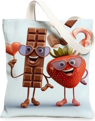 Generic Sacs fourre-tout en toile motif fruits ludiques, motif dessin anim&eacute;, chocolat, fraise, sacs d&eacute;picerie r&eacute;utilisables, l&eacute;gers et lavables, bleu ciel, 13