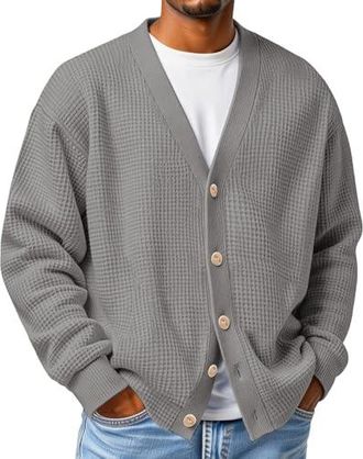 Generic Cardigan d&eacute;contract&eacute; et ample en tricot torsad&eacute; avec col en V et col en V pour homme, l&eacute;ger, gris, 5XL