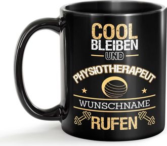 Tassendruck Schwarze Tasse für Physiotherapeut mit Name - Cool bleiben und Name rufen - Geschenk für Kollegen zum Geburtstag | Personalisierte Geschenke, Keramik 