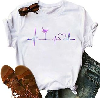 Keephen Verre &agrave; Vin T-Shirt pour Femmes Nouveaut&eacute; Verre &agrave; Vin Impression 3D T-Shirts &Eacute;t&eacute; Col Rond Manches Courtes Chemises &Eacute;t&eacute; Tee Casual Tops