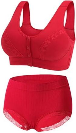 Generic Ensemble de sous-v&ecirc;tements sexy pour femme - Soutien-gorge et culotte - Bouton sur le devant - Bretelles sans armatures - Grande taille, Rouge, 70