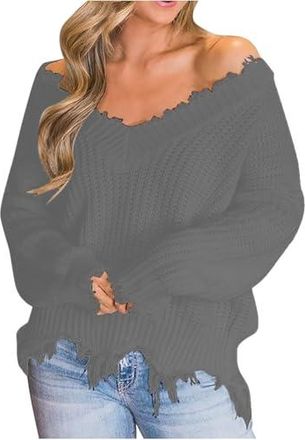 Generic Haut à épaules dénudées pour femme - Pull sexy en tricot - Col en V - Manches longues - Pull ample - Élégant - Couleur unie - Décontracté - Pull dhive