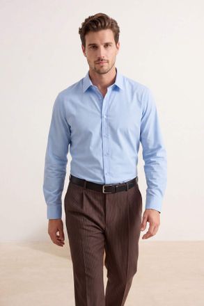 Trendyol MAN Herren Blau Einfarbig Lang Regular Fit Hemden