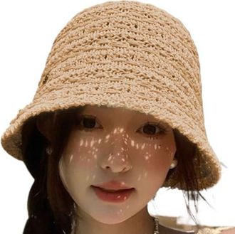 Generic Chapeau de paille pour femme, pliable, fait à la main, respirant, protection solaire pour voyage, printemps, été, extérieur, Kaki, L