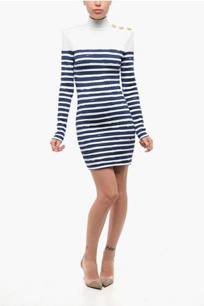 Balmain Two-Tone Striped Bodycon Mini Dress with Golden Hearts size 38