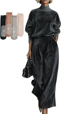 Generic Tenues 2 pi&egrave;ces en velours pour femme - Col haut - Pull &agrave; manches longues - Style d&eacute;contract&eacute; et chaud - Couleur unie - Pantalon large, gris fonc&eacute;, 3X