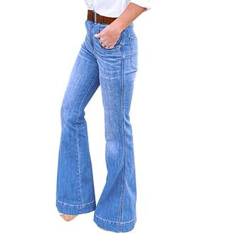 Generic Jean &eacute;vas&eacute; extra long en denim pour femme - Pantalon d&eacute;contract&eacute; &agrave; jambe large - Coupe ajust&eacute;e - Classique - D&eacute;contract&eacute; - Coton extensible avec poche