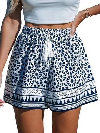 Cupshe Short de plage ample et décontracté à taille élastique pour femme, bleu marine/blanc, S