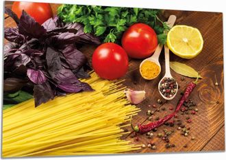 Wallario Herdabdeckplatte/Spritzschutz aus Glas, 1-teilig, 80x52cm, f&uuml;r Ceran- und Induktionsherde, Italienisches Men&uuml; mit Spaghetti, Tomaten, Basilikum und Ge