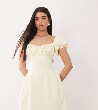 KAIIA Exklusives Minikleid aus Baumwolle in Zitronengelb mit Milchm&auml;dchen-Ausschnitt, Puff&auml;rmeln und Faltenwurf der H&uuml;fte
