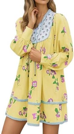 Generic Robe boh&egrave;me 2026 pour femme - Mini robe chemise florale - Col en V - Manches longues - V&ecirc;tement de d&eacute;tente d&eacute;contract&eacute;, jaune, XXL