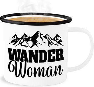Shirtracer Emaille Becher Blechbecher - Deko Tasse Hobby - Wander Woman - Geschenk für Wanderin - 300 ml - Weiß Schwarz - berg emaille-tasse berge emaillebecher 