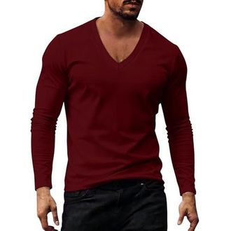 Generic DENGJIAMY T-shirts &agrave; col en V profond pour hommes tendance solide &agrave; manches longues classique basique uni hauts d&eacute;contract&eacute;s printemps v&ecirc;tements tenda