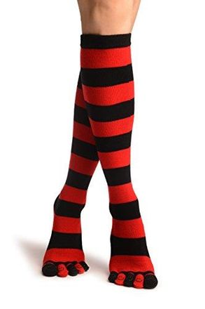 Liss Kiss Black & Red Stripes & Printed Smiles Knee High Toe Socks - Rouge Chaussettes A Orteils Taille Unique (37-42)