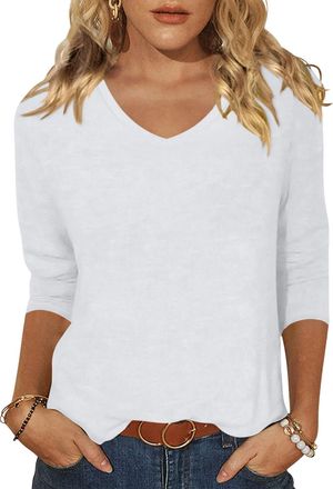 Minetom Shirt 3/4 Arm Damen T-Shirt Sommer V-Ausschnitt Tshirt Basic Casual Oberteil A Weiß XXL