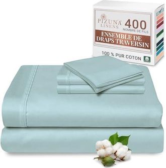 Pizuna Coton Peign&eacute; Parure de Lit 180x200 cm 2 Personnes Bleu b&eacute;b&eacute;, 100% Coton Longue dur&eacute;e 400 Fils de Satin, 1 Drap Housse, 1 Drap Plat, 2 Taie doreiller, 