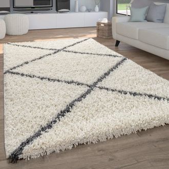 Paco Home Hochflor Teppich Wohnzimmer Shaggy Langflor Skandinavisch Rautenmuster Modern, Grösse:140x200 cm, Farbe:Creme