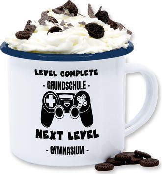 Shirtracer Emaille Tasse Blechtasse - Einschulung Geschenk Schulanfang - Level complete - next level Gymnasium - 300 ml - Weiß Blau - schulkind schulanfangsgesch