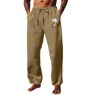 Generic Pantalon de plage en lin pour homme - Imprim&eacute; cocotier - Coupe ample - Pantalon hawa&iuml;en - Jambe droite - Pantalon de vacances - Taille &eacute;lastique - Pan