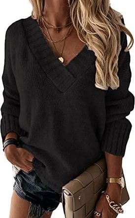 TOMWELL Pulls Femme Casual Haut Manches Longues Sweatshirt Loose Automne Hiver Sexy Col V Pullover Mode Couleur Unie Sweater A Noir XXL