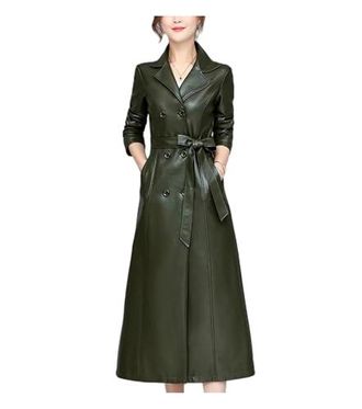 Generic Trench-coat en simili cuir pour femme - Automne Hiver Col Fourrure Double Boutonnage Revers crant&eacute; Long Manteau avec Ceinture, 3, S