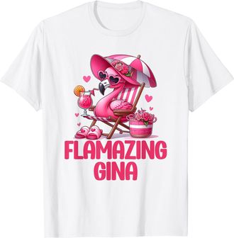 BDAZ Flamazing Gina Pink Flamingo Tropical Beach Scene Damen T-Shirt