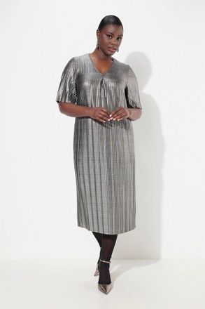 Ulla Popken Midikleid Midikleid Silver-Plissee A-Linie V-Ausschnitt