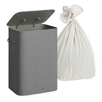 Relaxdays W&auml;schekorb mit Deckel, Bambus, 80 Liter, Faltbarer W&auml;schesammler, HxBxT: 60 x 40 x 30 cm, W&auml;schetruhe, grau