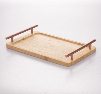 Villa D'Este Home Tivoli Rechteckiges Tablett aus Bambus, 33 x 20 cm, Griffe in Ros&eacute;gold, Natur