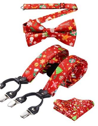 Hisdern Bretelles Noel pour Hommes Rouge Bretelle Homme et Noeud Papillon Carr&eacute; de Poche Forme Y avec 6 Clips Solides