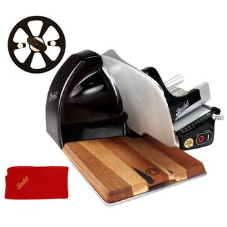 Berkel Aufschnittmaschine Home Line 200 Plus in schwarz - K&uuml;chenschneidemaschine inkl. Messerabnehmer und handgefertigtem Fassholzbrett Unikat