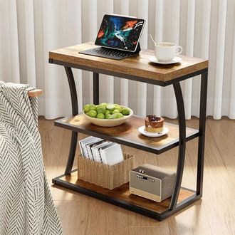 Tribesigns Petite table dappoint &eacute;troite en m&eacute;tal de style maison de campagne pour le salon, table de chevet fine en bois avec espace de rangement pour chambre &agrave;