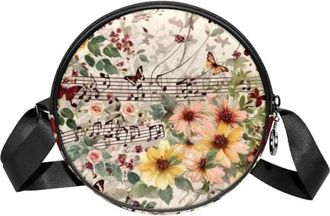 Generic Sac &agrave; bandouli&egrave;re rond pour femme, motif musical, petit sac &agrave; bandouli&egrave;re avec fermeture &eacute;clair, bretelles r&eacute;glables, sac &agrave; main rond d&eacute;contract&eacute; pour