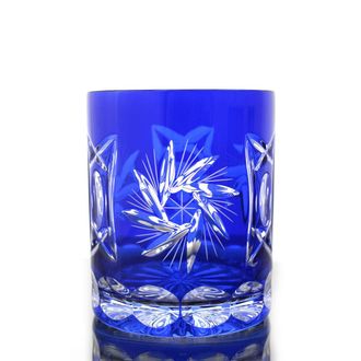 Cristalica Whiskyglas Whiskybecher blau handgeschliffen Kristallglas Schleuderstern 280ml