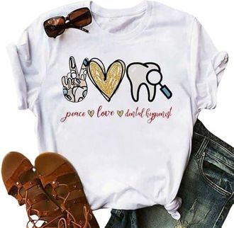 Keephen Peace Love T-Shirt Donut Caf&eacute; L&eacute;opard Coeur Signe de Paix Impression 3D Femmes Manches Courtes Col Ras du Cou Tees Shirt Casual Pullover Tops