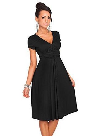 FUTURO FASHION Robe Cache-Coeur &eacute;l&eacute;gante - Femme - Viscose/Coton - Longueur Genoux/col en V/Manches Courtes - 8416 - Noir - 36 (S)