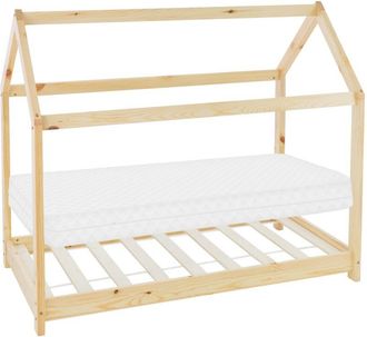 ML Design Ml-design - Lit dEnfant Forme Maison 80 x 160 cm Naturel avec Matelas &agrave; Mousse Froide Sommier &agrave; Lattes Housse Amovible Lavable, Cadre en Bois de Pin