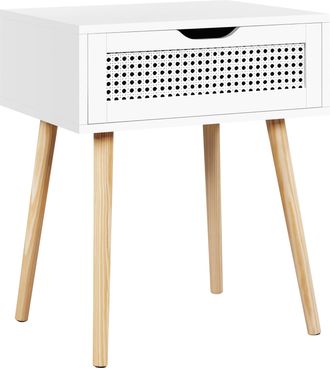Yaheetech Nachttisch Rattan Beistelltish mit 1 Schublade Holzbeine Nachtschrank Nachtkommode Moderner Nachtk&auml;stchen f&uuml;r Wohnzimmer/Schlafzimmer, Wei&szlig;