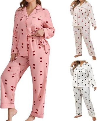 Generic V&ecirc;tements de nuit pour femme &agrave; col en V - Ensemble de pyjama confortable &agrave; boutons - V&ecirc;tement de nuit doux en forme de coeur - Ensemble pyjama deux pi