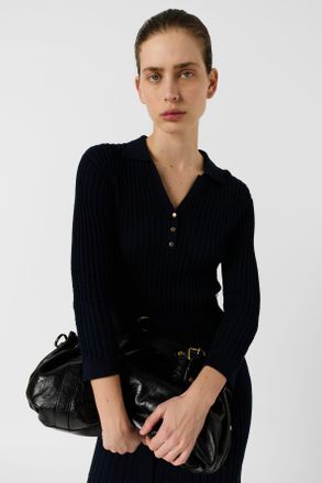 Gerard Darel Robe longue en maille &agrave; col polo - RIHAMIE - Marine