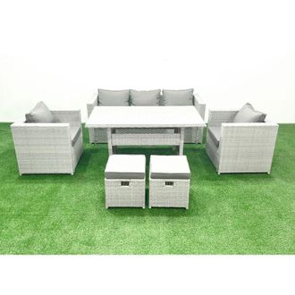 Fimous Gartenm&ouml;bel-Set aus Rattan mit Sofa Esstisch 2 Sesseln 2 kleine Fu&szlig;hockern Hellgrau gemischt - Fimous