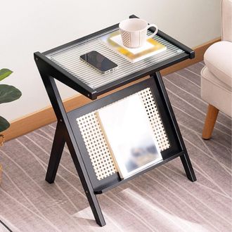 Generic Beistelltisch, Kleiner Akzenttisch, Tischplatte Aus Geh&auml;Rtetem Glass Mit Streifen, L-F&ouml;Rmiges Aufbewahrungsregal for Laptop, Wasserflasche, Snacks