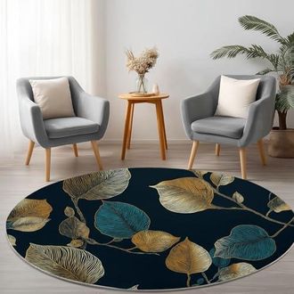 Generic Noir Tapis Art D&eacute;co Rond Antid&eacute;rapant, Lignes Plantes Feuilles Motif Doux Tapis Poils Courts pour Salon Couloir Chambre Cuisine Descente de Lit - 160 