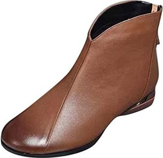 Generic Mode Automne et Hiver Femmes Bottines Fond Plat Talon Bas Talon &Eacute;pais Bout Rond Couleur unie Fermeture &Eacute;clair Casual Bottines Femmes Bottes Bout Ouver