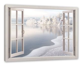 Pixxprint Atemberaubende Winterlandschaft, Fenster, Gr&ouml;&szlig;e: 120x80cm, Leinwandbild, fertig gespannt, Wandbild, Dekoration, Kunstdruck, kein Poster