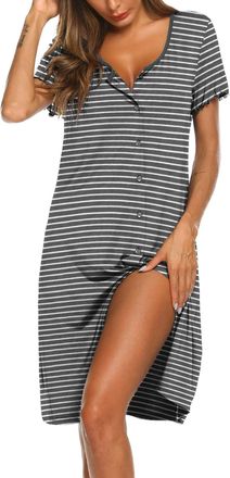 Ekouaer Nachthemd für Damen Sommer Nachthemden Kurzarm Schlafshirt Nachtwäsche mit Knopfleiste, Streifen_ Grau XL